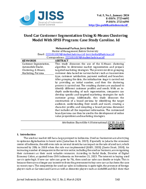 (PDF) Used Car Customer Segmentation Using K-Means Clustering Model With SPSS Program: Case ...