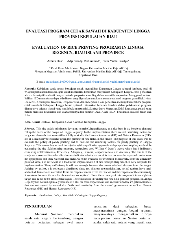 (PDF) Evaluasi Program Cetak Sawah DI Kabupaten Lingga Provinsi Kepulauan Riau