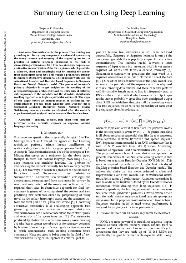 (PDF) Summary Generation Using Deep Learning