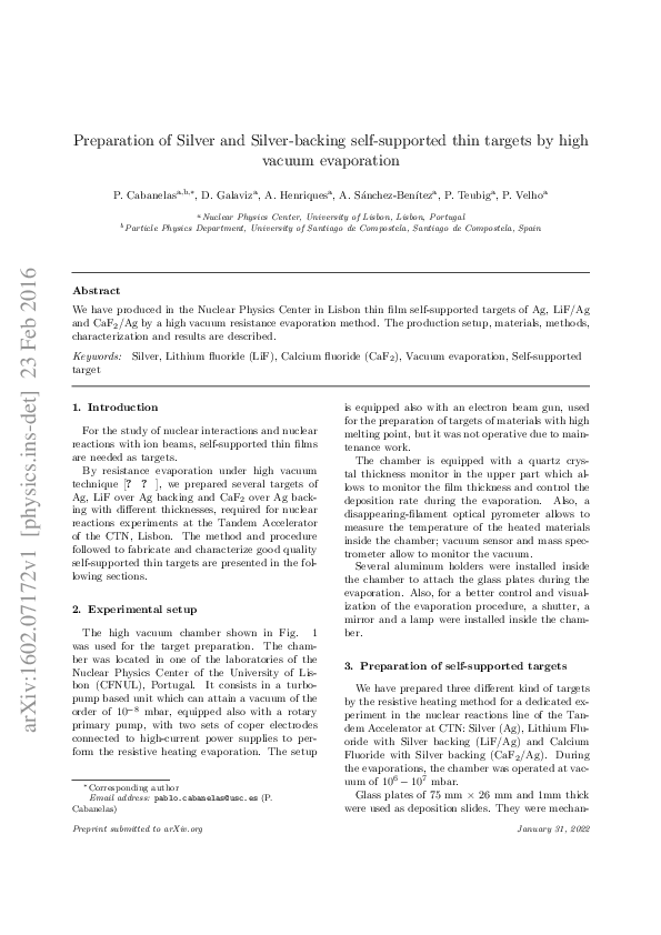 (PDF) Preparation of Silver and Silver-backing self-supported thin ...