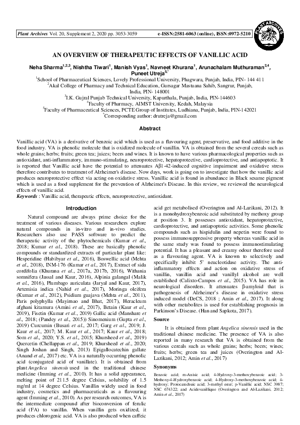 (PDF) An Overview of Therapeutic Effects of Vanillic Acid