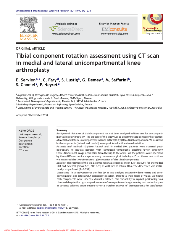 (PDF) Tibial component rotation assessment using CT scan in medial and lateral unicompartmental ...