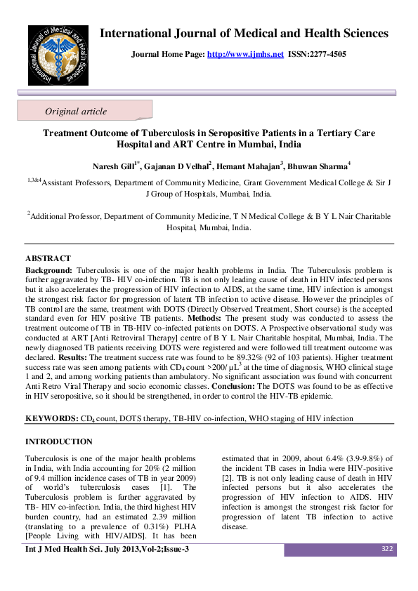 (PDF) Treatment Outcome of Tuberculosis in Seropositive Patients in a ...