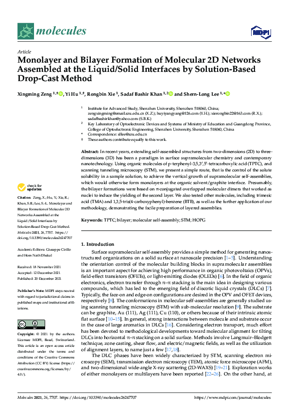 (PDF) Monolayer and Bilayer Formation of Molecular 2D Networks Assembled at the Liquid/Solid ...
