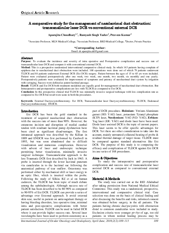 (PDF) A comparative study for the management of nasolacrimal duct ...
