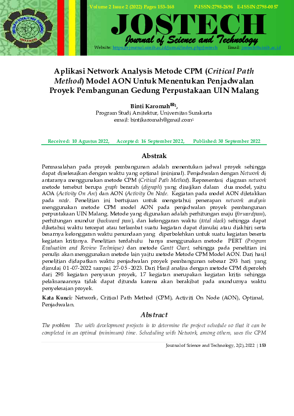 (PDF) Aplikasi Network Analysis Metode CPM (Critical Path Method) Model AON Untuk Menentukan ...