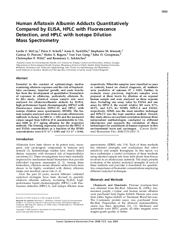 (PDF) Human Aflatoxin Albumin Adducts Quantitatively Compared by ELISA, HPLC with Fluorescence ...