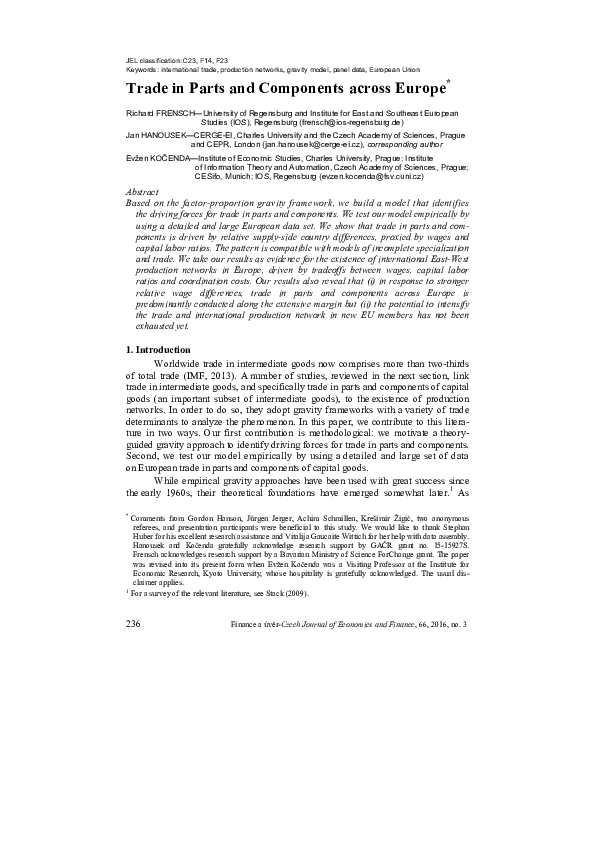 (PDF) Trade in parts and components across Europe