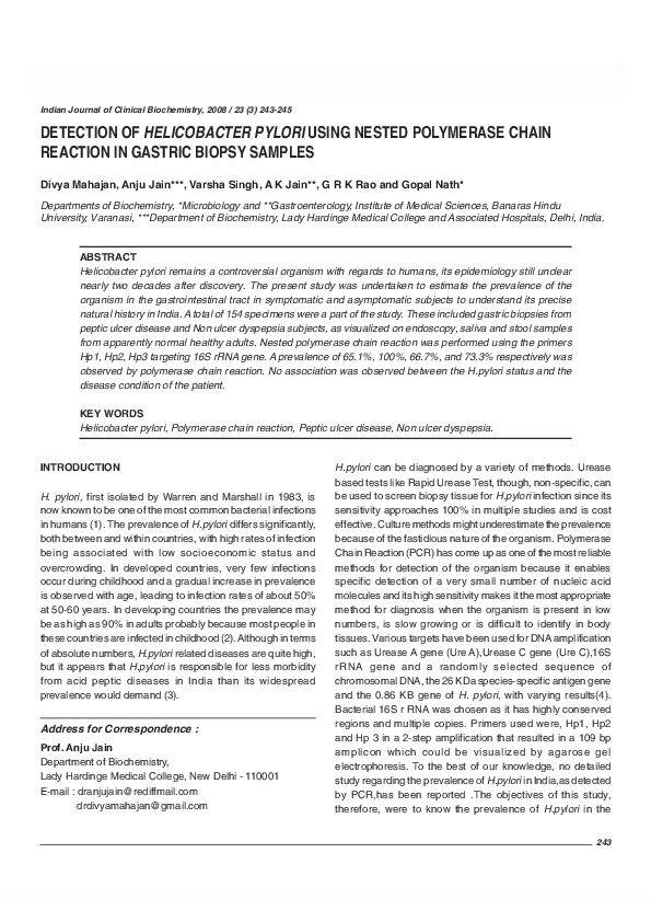 (PDF) Detection of Helicobacter pylori using nested polymerase chain ...