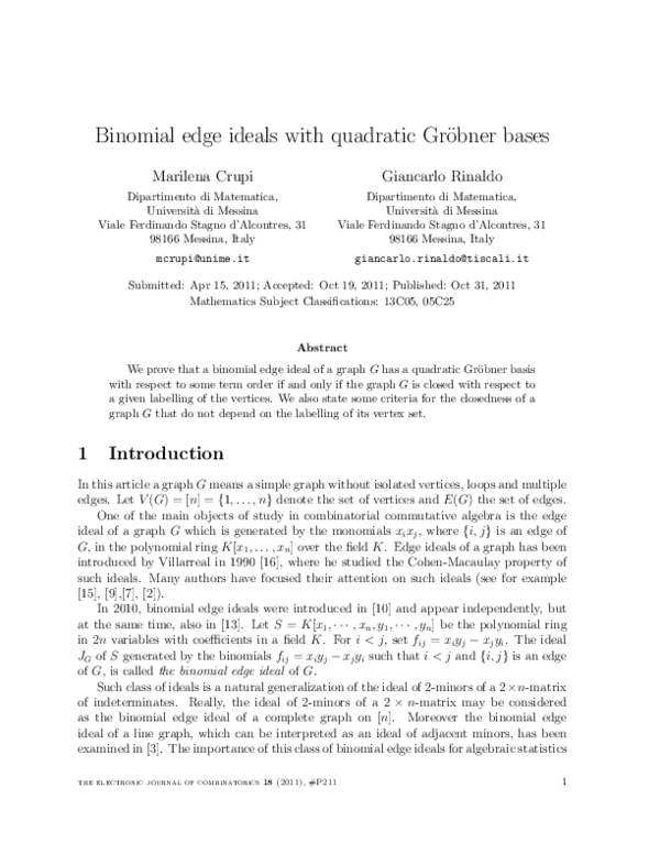 (PDF) Binomial Edge Ideals with Quadratic Gröbner Bases