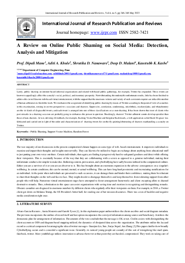 (PDF) A Review on Online Public Shaming on Social Media: Detection, Analysis and Mitigation