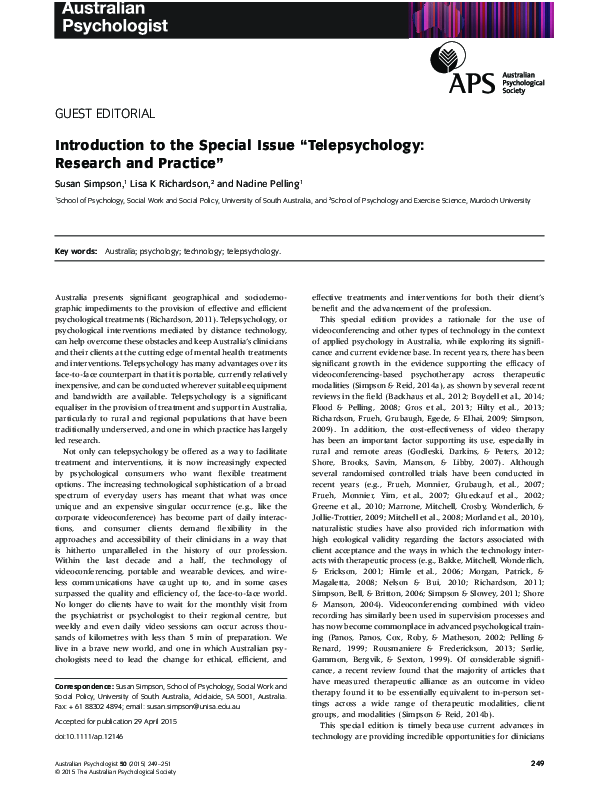 (PDF) Introduction to the Special Issue “Telepsychology: Research and ...
