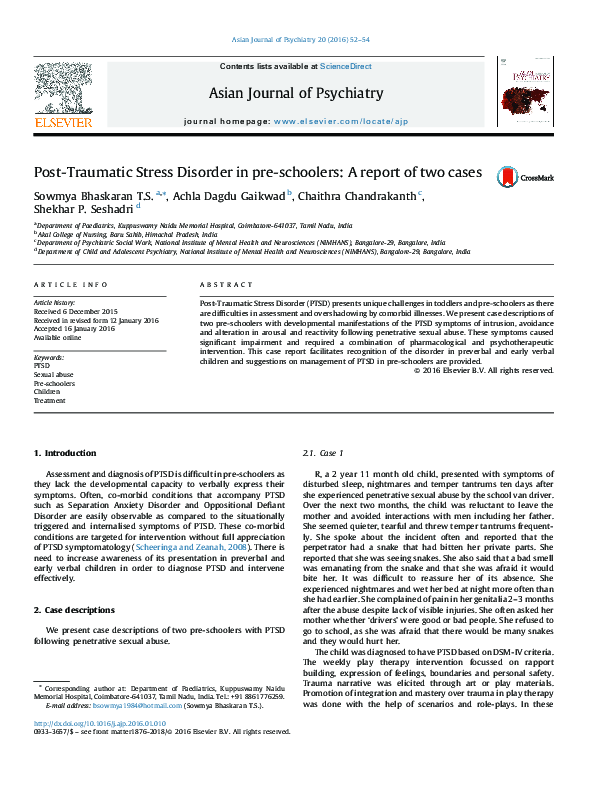 (PDF) Post-Traumatic Stress Disorder in pre-schoolers: A report of two ...