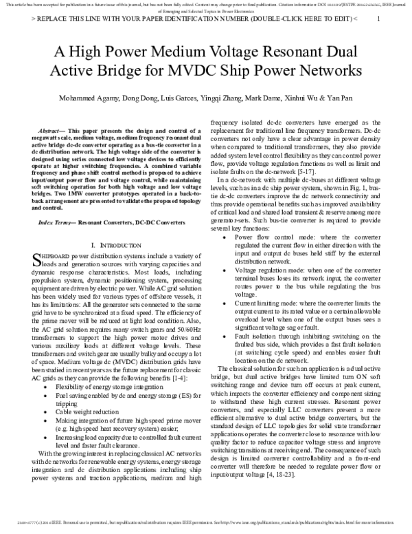(PDF) A high power medium voltage resonant dual active bridge for DC ...