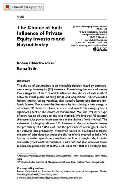 (PDF) The Choice of Exit: Influence of Private Equity Investors and ...