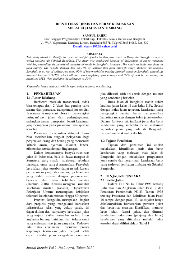 (PDF) Identifikasi Jenis Dan Berat Kendaraan Melalui Jembatan Timbang (PDF) Identifikasi Jenis Dan Berat Kendaraan Melalui Jembatan Timbang
