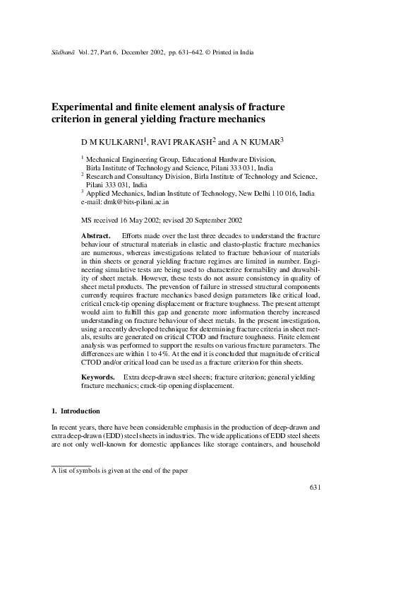 Pdf Experimental And Finite Element Analysis Of Fracture Criterion In General Yielding