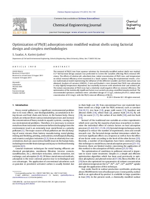 (PDF) Optimization of Pb(II) adsorption onto modified walnut shells using factorial design and ...