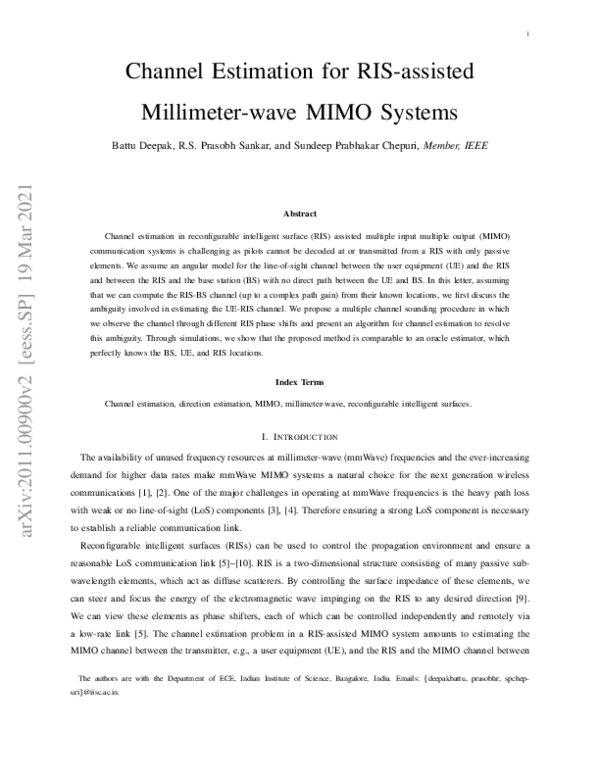(PDF) Channel Estimation for RIS-assisted Millimeter-wave MIMO Systems