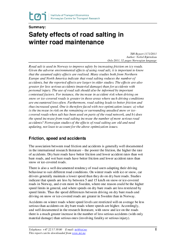 (PDF) Safety Effects of Road Salting in Winter Road Maintenance: Summary