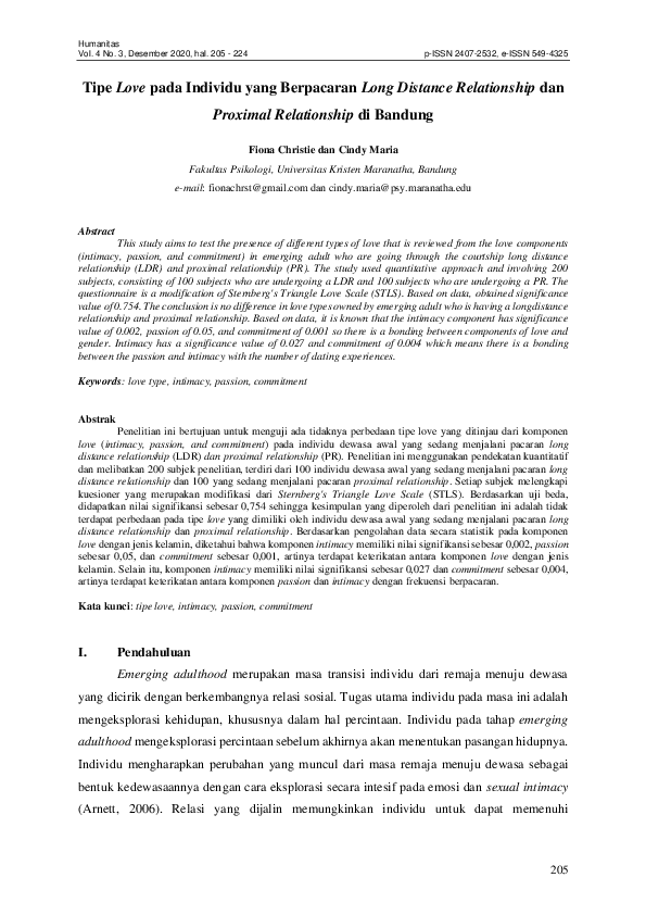 (PDF) Tipe Love pada Individu yang Berpacaran Long Distance Relationship dan Proximal ...