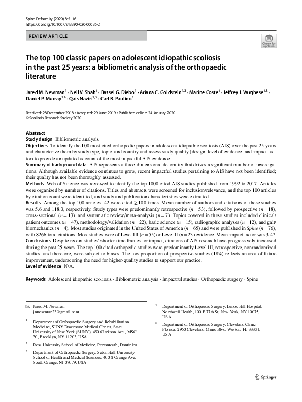 (PDF) The top 100 classic papers on adolescent idiopathic scoliosis in ...