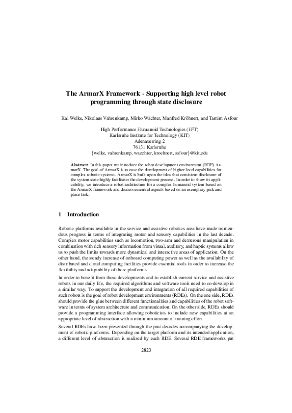 (PDF) The ArmarX Framework-Supporting high level robot programming through state disclosure