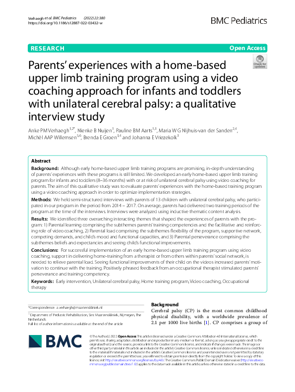(PDF) Parents’ experiences with a home-based upper limb training ...