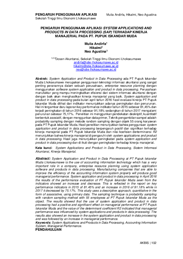 (PDF) Pengaruh Penggunaan Aplikasi System Applications and Products in Data Processing (Sap ...