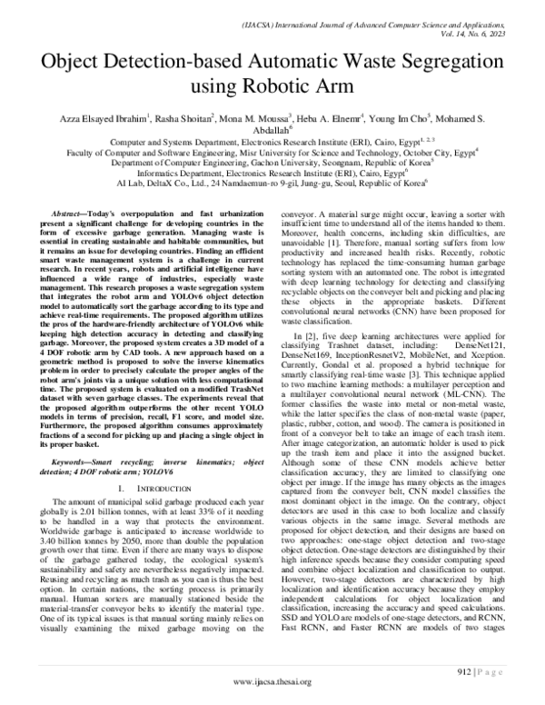 (PDF) Object Detection-based Automatic Waste Segregation using Robotic Arm