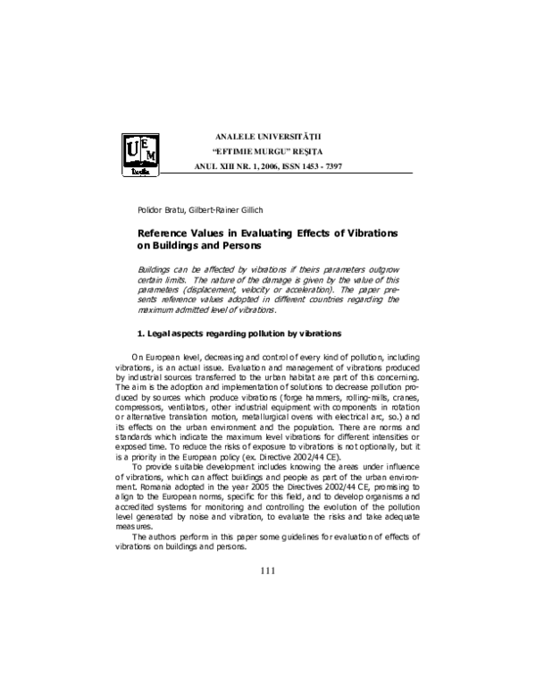 (PDF) Reference Values in Evaluating Effects of Vibrations on Buildings and Persons