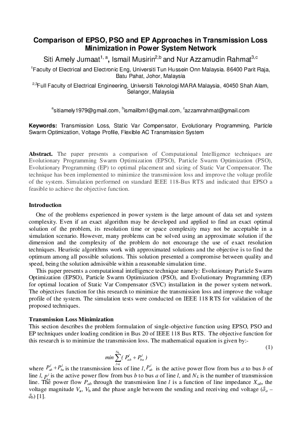 (PDF) Comparison of EPSO, PSO and EP Approaches in Transmission Loss Minimization in Power ...