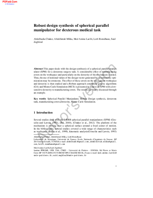 (PDF) Robust Design Synthesis of Spherical Parallel Manipulator for ...