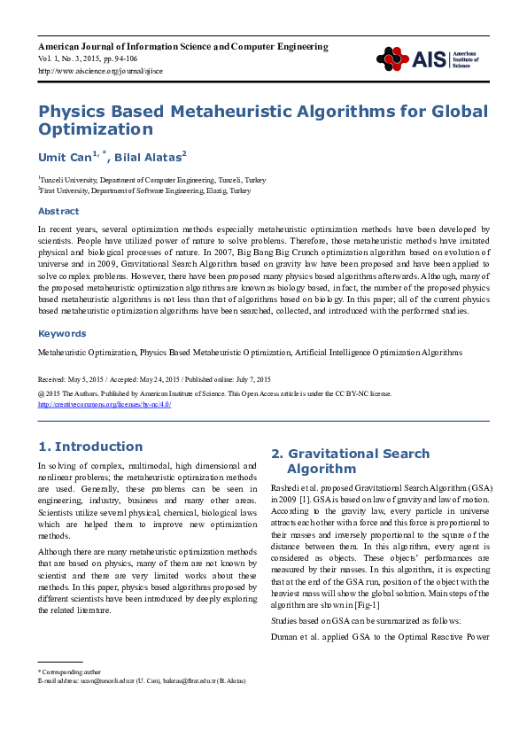 (PDF) Physics Based Metaheuristic Algorithms for Global Optimization
