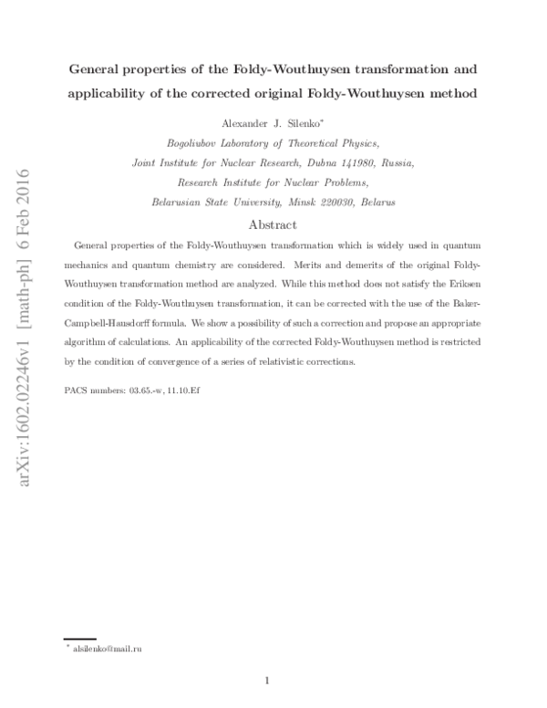 (PDF) General properties of the Foldy-Wouthuysen transformation and ...