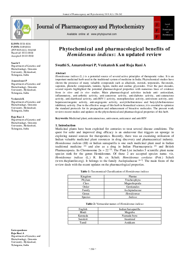(PDF) Phytochemical and pharmacological benefits of Hemidesmus indicus : An updated review
