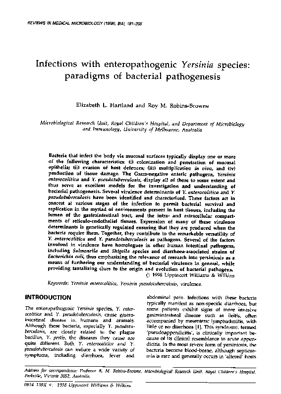 (PDF) Infections with enteropathogenic Yersinia species