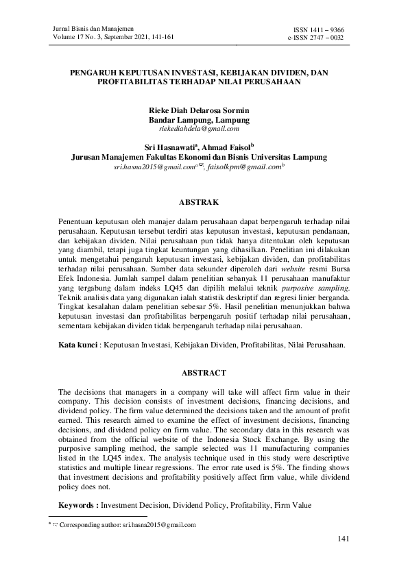 (PDF) Pengaruh Keputusan Investasi, Kebijakan Dividen, Dan Profitabilitas Terhadap Nilai Perusahaan