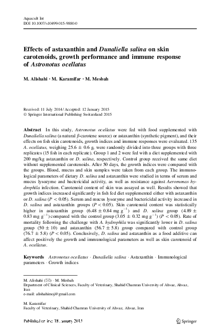 (PDF) Effects of astaxanthin and Dunaliella salina on skin carotenoids, growth performance and ...