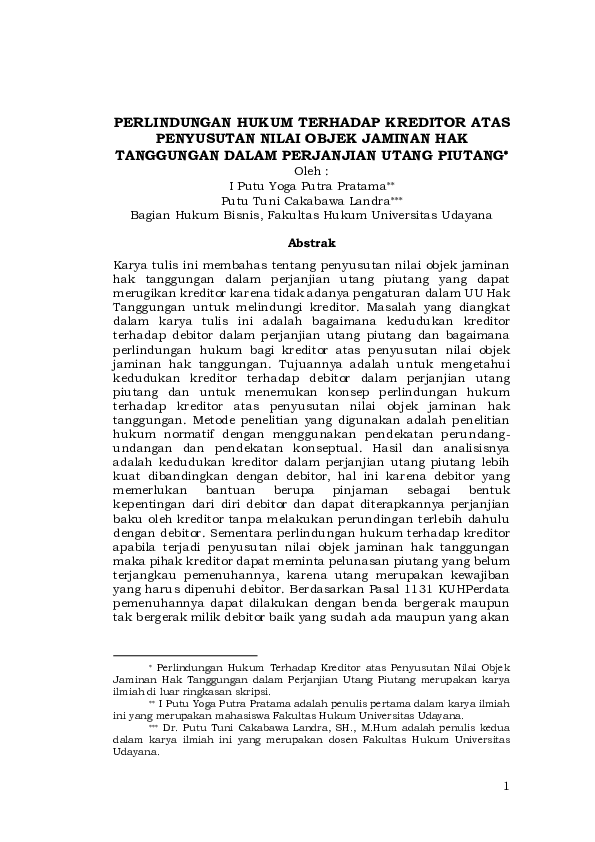 (PDF) Perlindungan Hukum Terhadap Kreditor Atas Penyusutan Nilai Objek Jaminan Hak Tanggungan ...