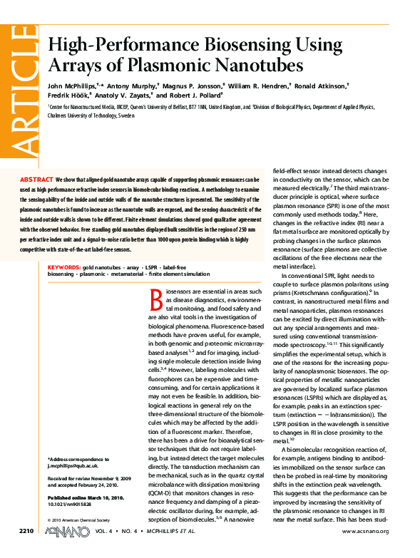 (PDF) High-Performance Biosensing Using Arrays of Plasmonic Nanotubes