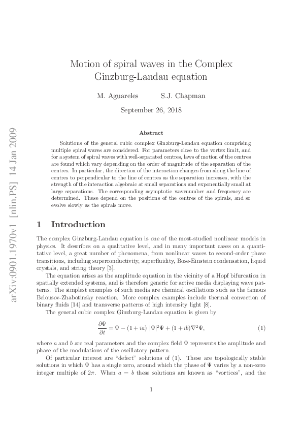 (PDF) Motion of spiral waves in the complex Ginzburg–Landau equation