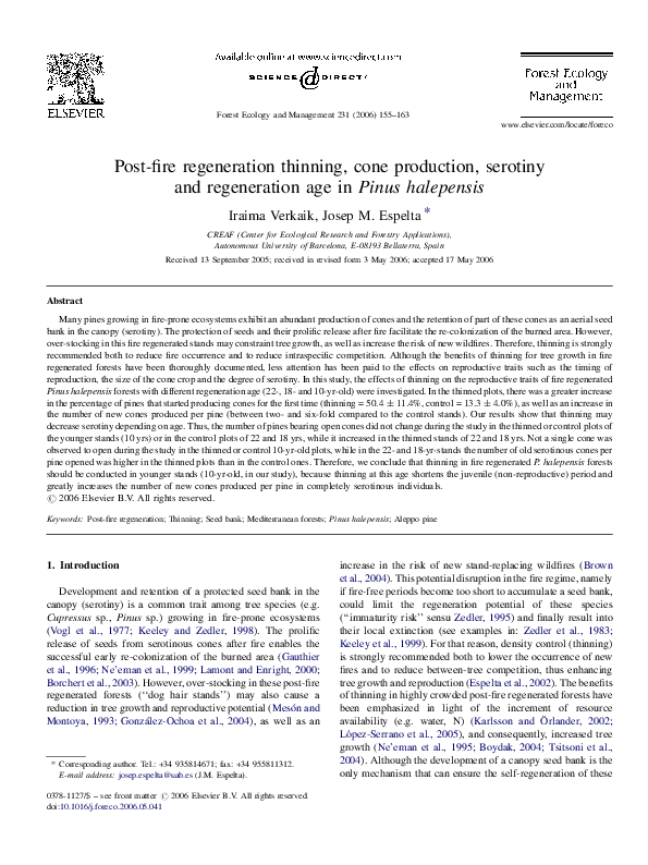 (PDF) Post-fire regeneration thinning, cone production, serotiny and ...