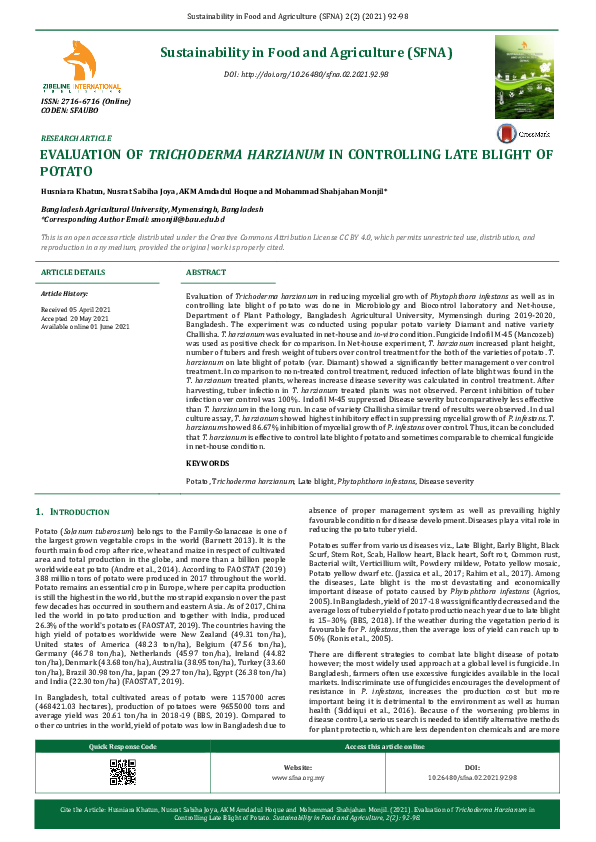 (PDF) Evaluation of Trichoderma Harzianum in Controlling Late Blight of Potato | Md Amdadul ...