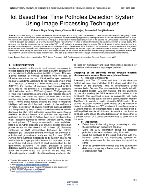 Pdf Iot Based Real Time Potholes Detection System Using Image Processing Techniques