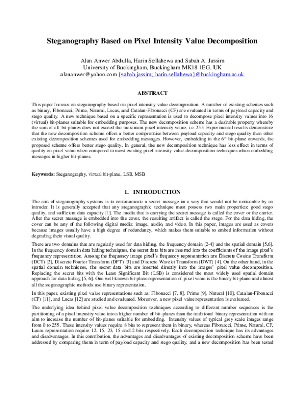 (PDF) Steganography Based on Pixel Intensity Value Decomposition