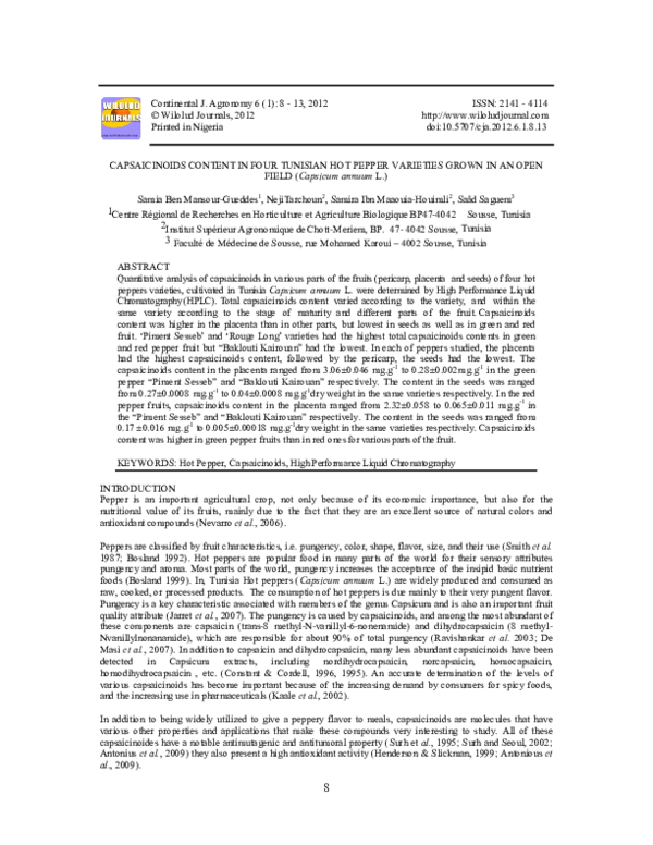 (PDF) CAPSAICINOIDS CONTENT IN FOUR TUNISIAN HOT PEPPER VARIETIES GROWN ...