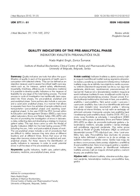 (PDF) Quality Indicators of the Pre-Analytical Phase
