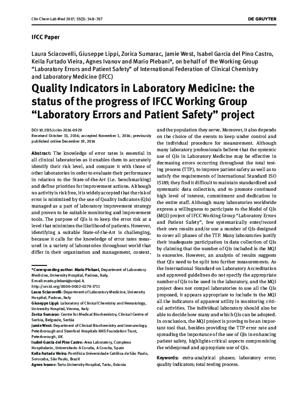 (PDF) Quality Indicators in Laboratory Medicine: the status of the ...
