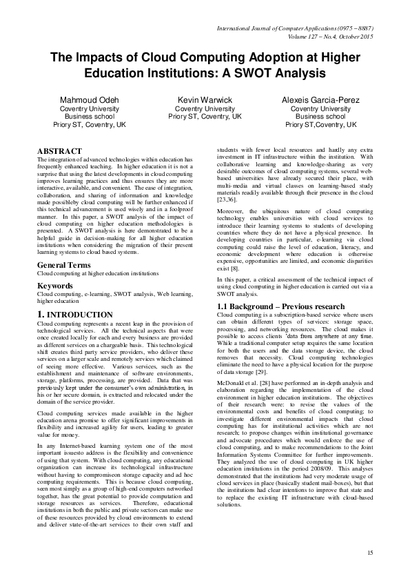 (PDF) The Impacts of Cloud Computing Adoption at Higher Education Institutions: A SWOT Analysis